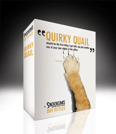 Snookums Cat Food advertising and packaging