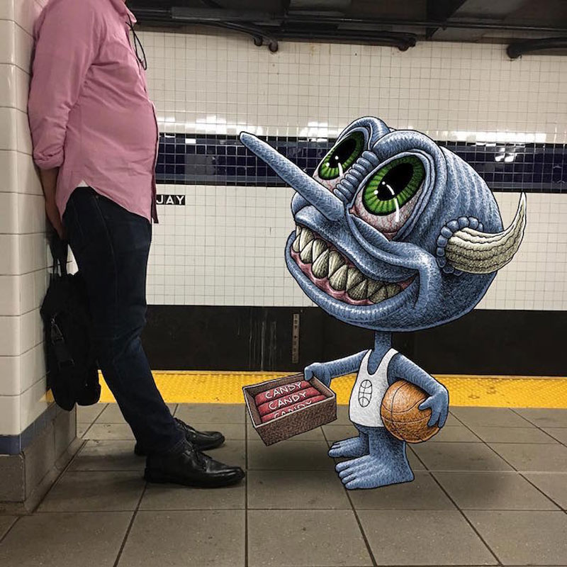 Artist draws creatures that invade the NYC subway