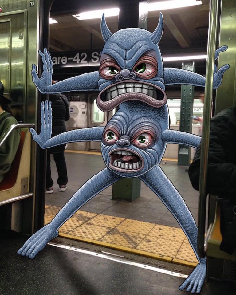 Artist draws creatures that invade the NYC subway
